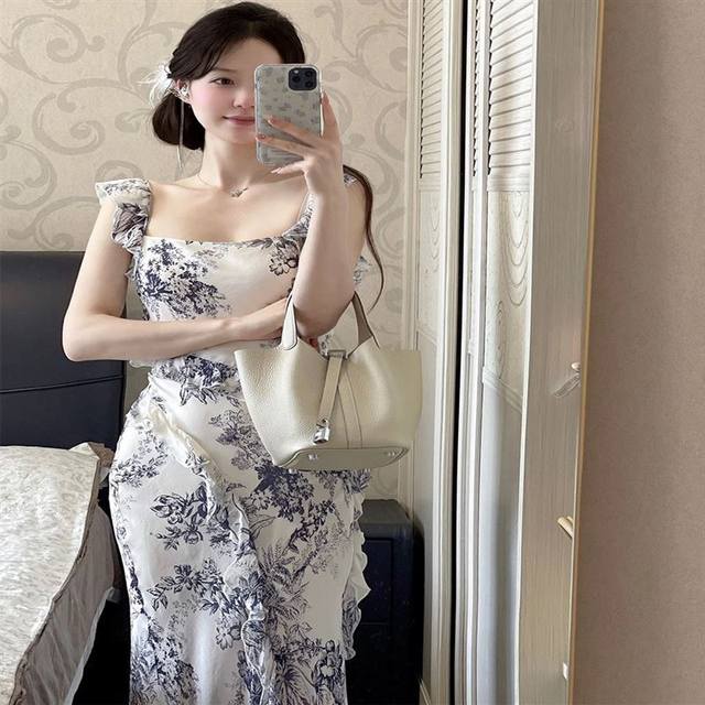 New Chinese style Chinese style ruffled square neck floral open back ...