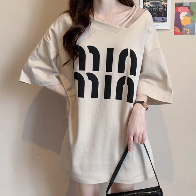 Tipsy slanted neck short-sleeved T-shirt for women in summer 2024 new ...