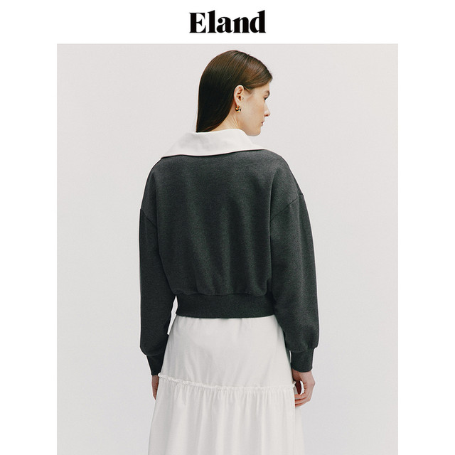Eland Clothes Sweatshirt Women's Contrast Color Lapel Pure Cotton Grey ...