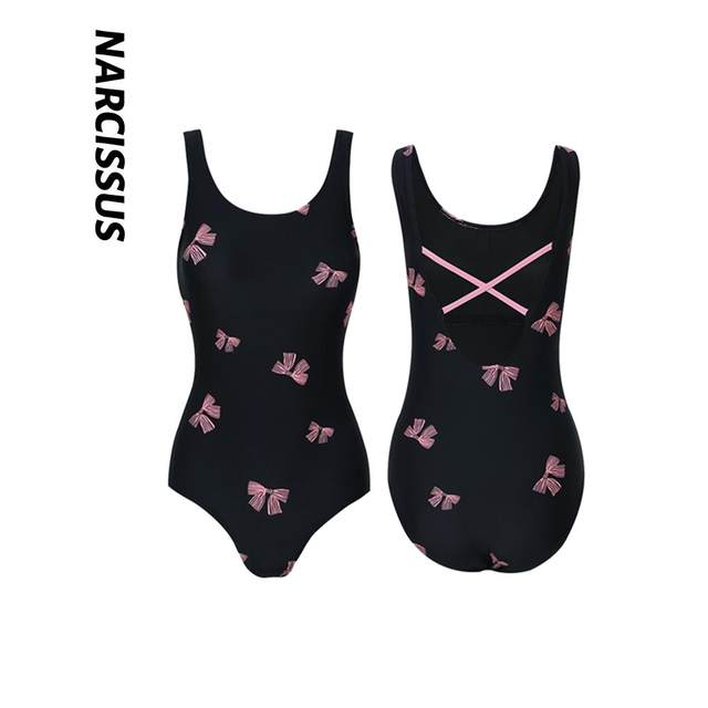 Narcissus SWIM wide shoulder strap conservative women's slim black pink ...