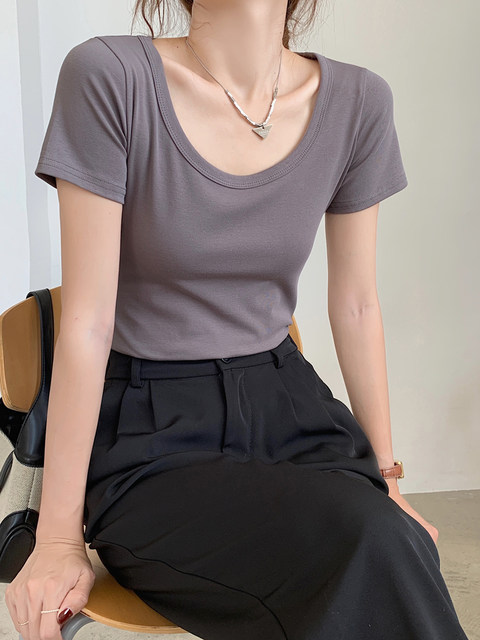 Xia Qiu Xian's breasts, low -necked t -shirts female U collar short ...