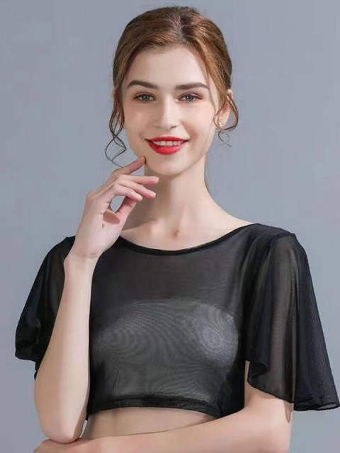 Summer new solid color mesh bottoming half T-shirt women's half top ...