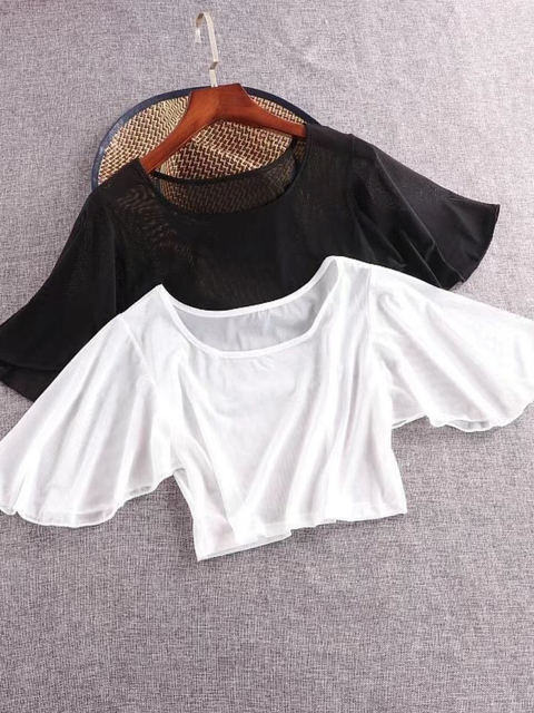 Summer new solid color mesh bottoming half T-shirt women's half top ...
