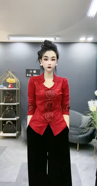 Chic and beautiful red new Chinese-style top for women in autumn and ...