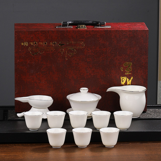 Dehua mutton-fat jade tea set white porcelain home office cover bowl ...