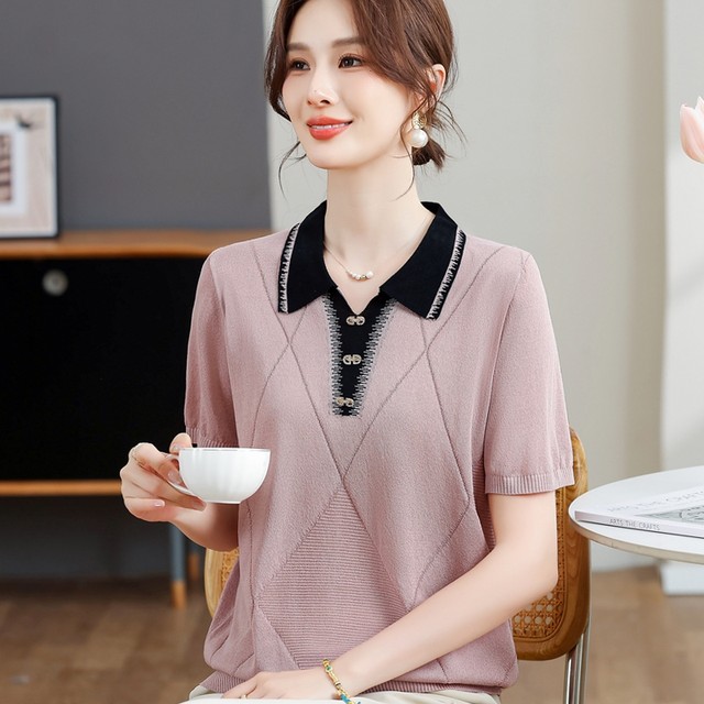 Fashionable mother summer lapel ice silk short sleeve breathable shirt ...