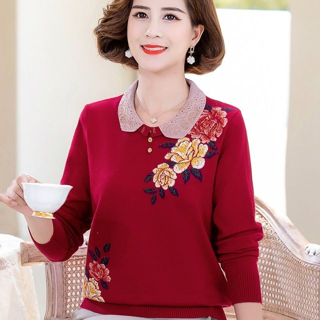 Mom lapel sweater female autumn clothing foreign jacket 50 -year -old ...