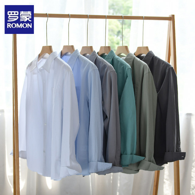 Romon men's pure cotton long-sleeved shirt spring and summer casual top ...