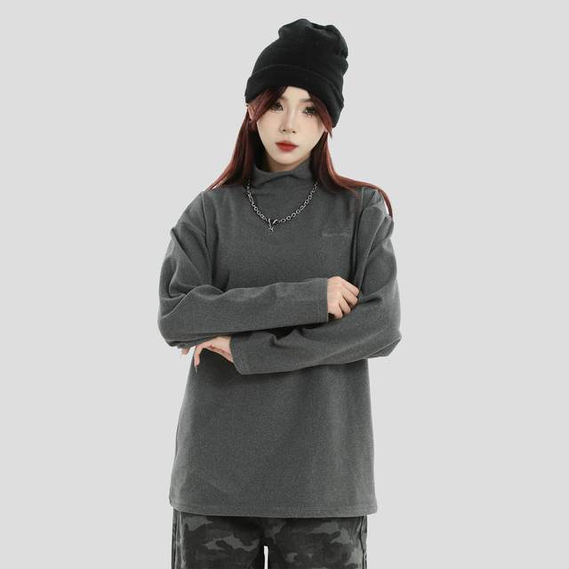 INSstudios National Trendy Couple American German Velvet Half-Tree Neck Base Shirt Casual Heat ...