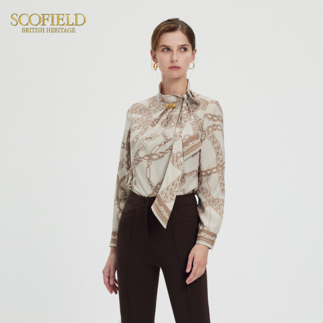 Scofield Women's Fashion Chain Printed Shirt Tie-Linged Long Sleeve Top ...