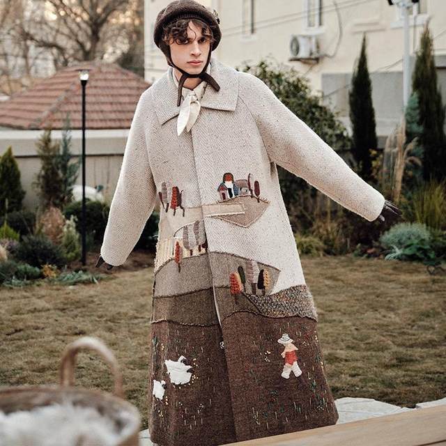 Muyuan Retro Handmade Hook Pitch Scenery Loose Edition Wool Coat Valley ...