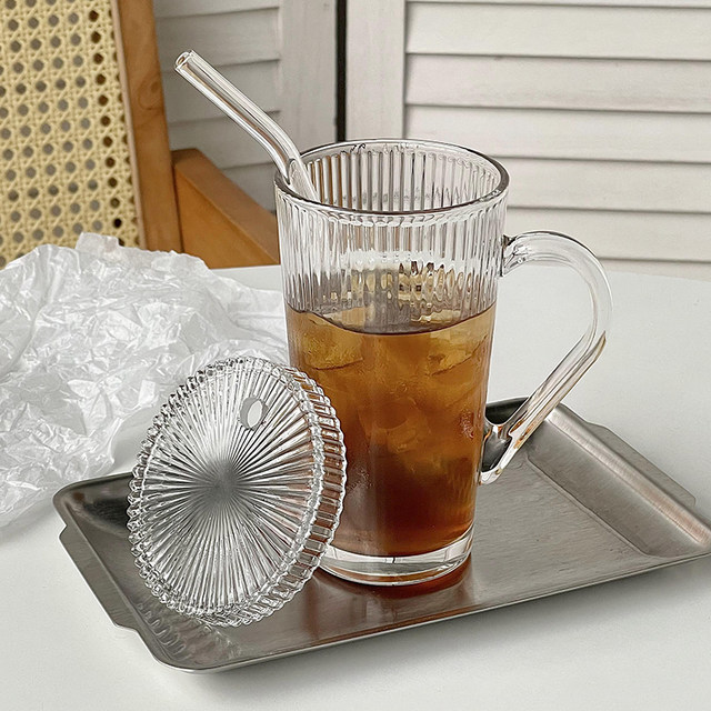 Vertical striped straw cup with lid, ins style high-looking glass water ...