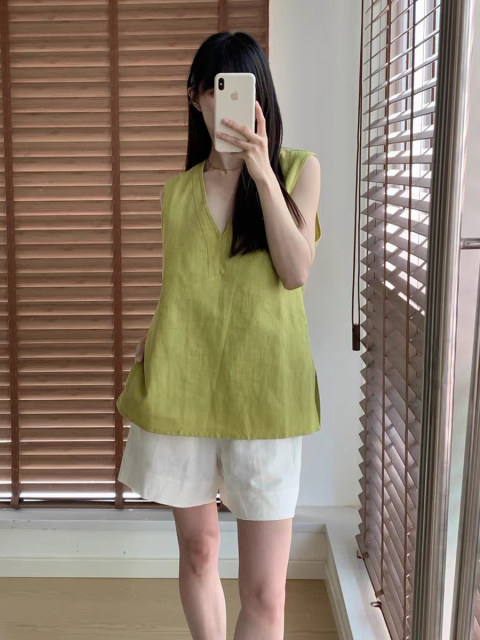 100% Ramie minimalist spring and summer bright color new Chinese v-neck ...