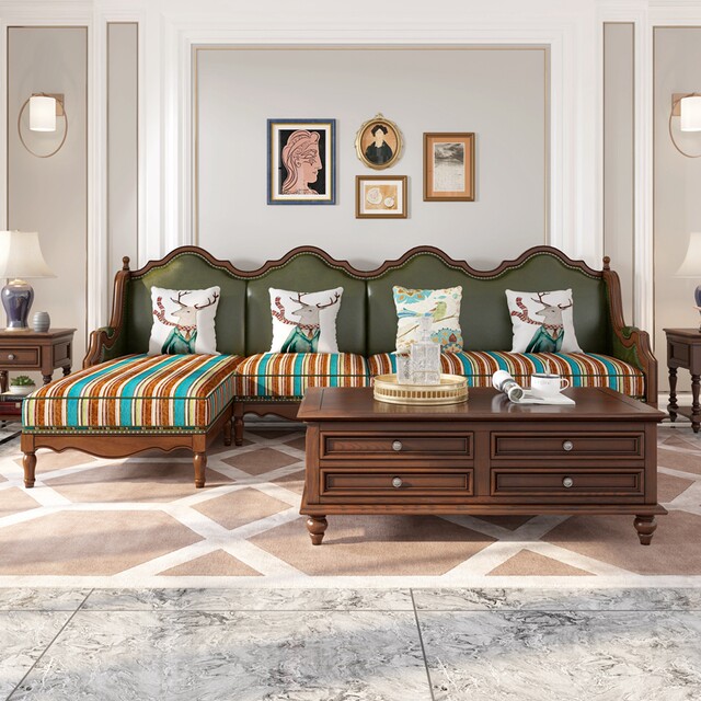 American rural solid wood leather sofa small apartment, simple retro ...