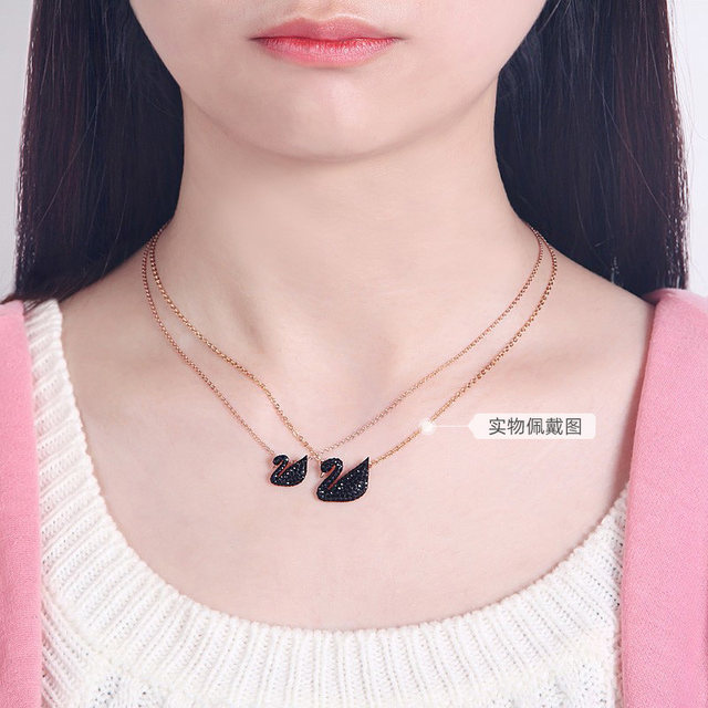 Swarovski large black swan rose gold crystal female collarbone necklace ...
