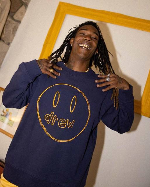 Drew smiley face embroidery hand-painted navy round neck sweatshirt ...