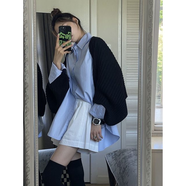 French Lazy Wind Set Women's Blue Long -sleeved Shirt Straight Jacket ...