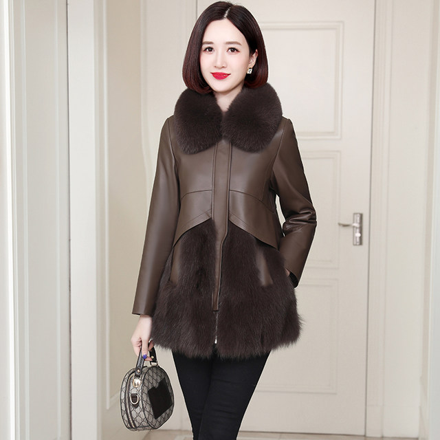 Haining genuine leather down jacket women's mid-length fox fur collar ...