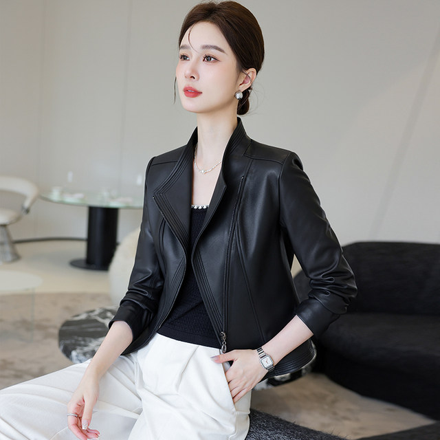 Haining Genuine Leather Jacket Women's Short Diagonal Zipper Sheepskin ...