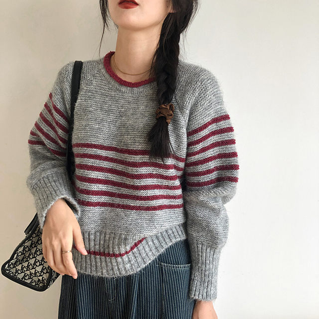 Contrasting color striped round collar sweater female autumn and winter ...
