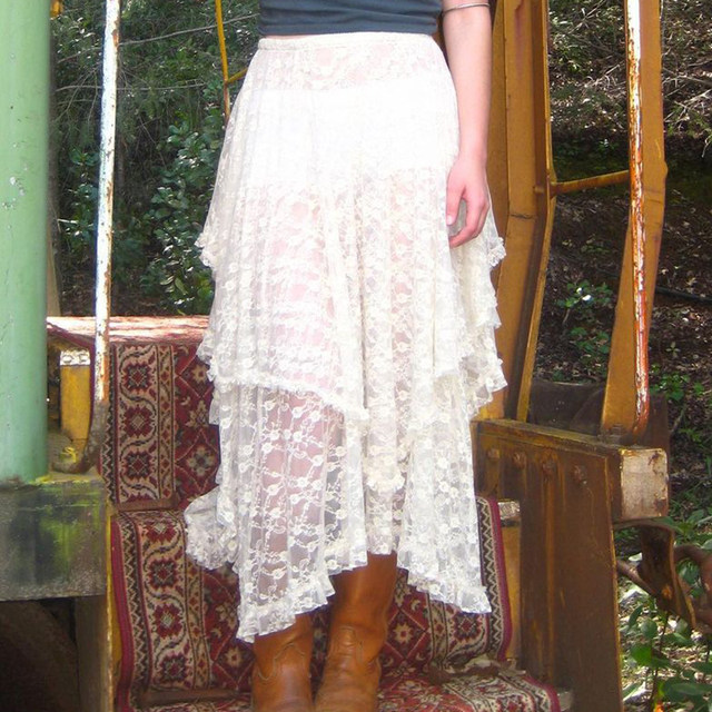 Nomadic pastoral national style lace gauze skirt retro wearing light and thin irregular long skirt