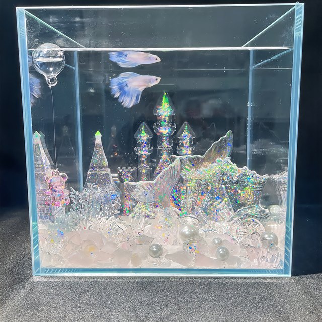 Thai fighting fish micro-landscape, handmade pink castle carriage ...
