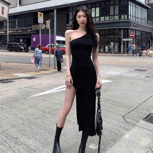 Black -shoulder sleeveless vest dress women's summer sexy girl split ...