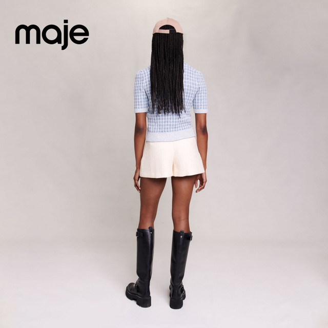 Maje Outlets Women's Temperament Blue Plaid Pullover Short Sleeve Round ...