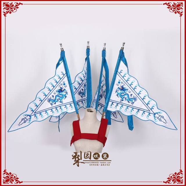 Opera dance Peking Opera man leans on flag power, gongs and drums back ...