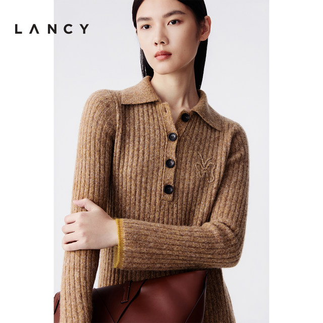 LANCY/Langzi 2025 new winter POLO collar waist-closing slim and fashionable retro wool knitted dress
