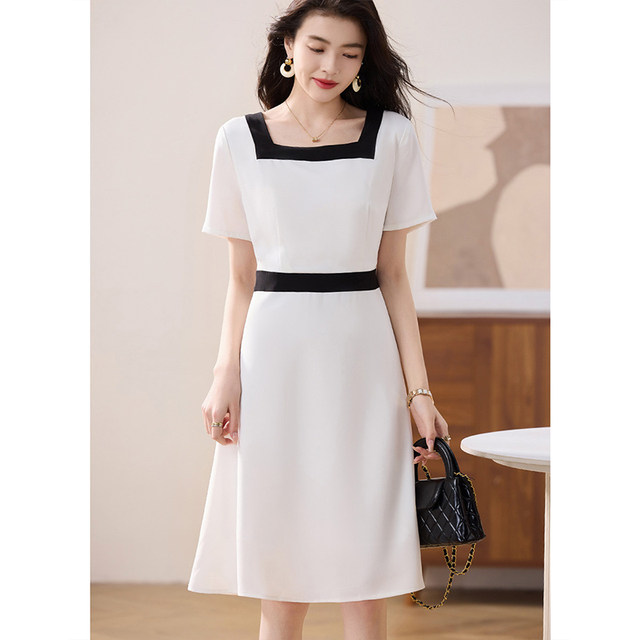 Classic style simple black and white color-blocking summer commuting OL ...