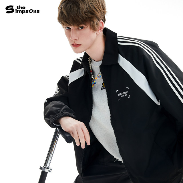 Simpsons Solid Color Spliced Stripe Loose American Retro Jacket Flying ...