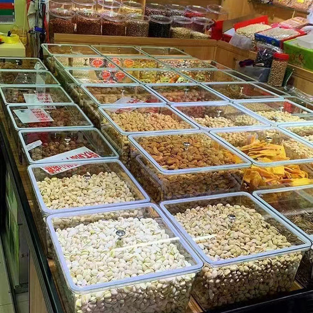 Supermarket shelves display rack wood scattered called bulk dry goods ...