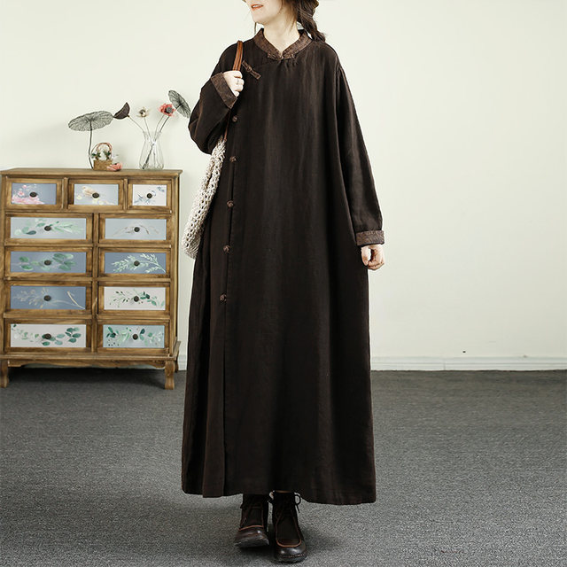 Qianqiu Feiyan retro Chinese style stand collar linen dress women's ...