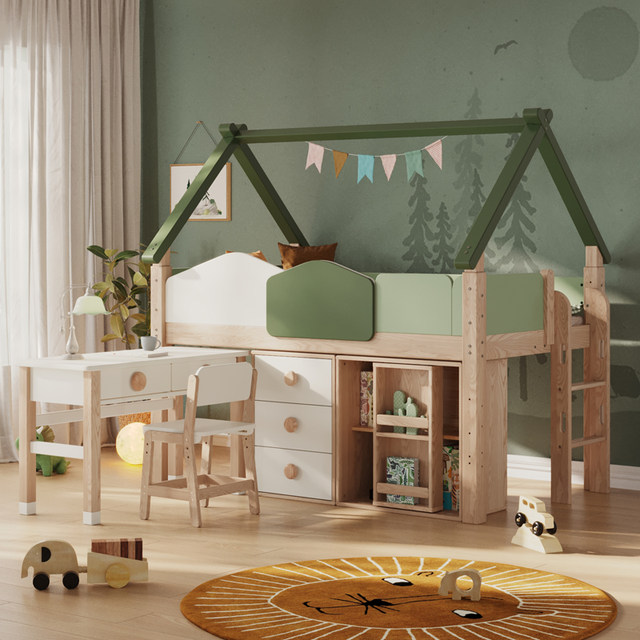 Seven-leaf wood flying house bed solid wood children's bed tree house ...