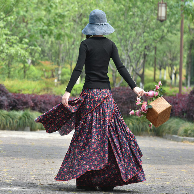 Suxin self -made ethnic wind cotton sesame long skirt female spring and summer large skirt ...