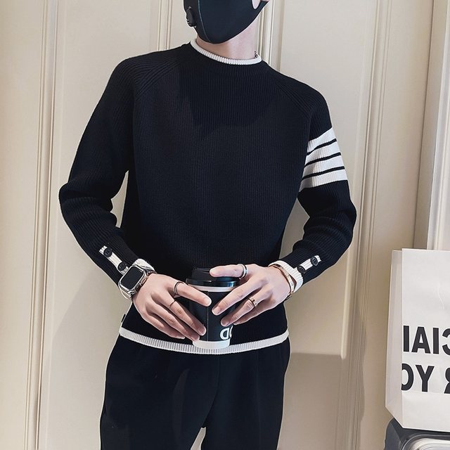 Ins tide brand fake two pieces of sweater men's autumn and winter ...