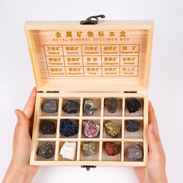 15 kinds of metal ore ore minery crystal wooden box natural rough stone ...