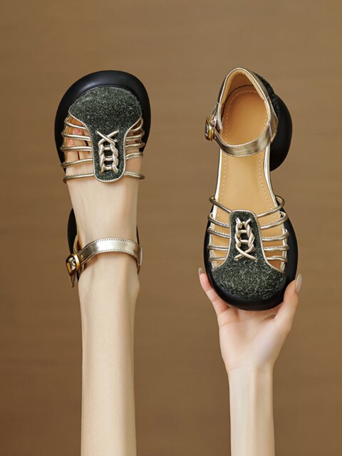 Sticky-skinned leather bag-toe thick-soled sandals for women 2025 new ...