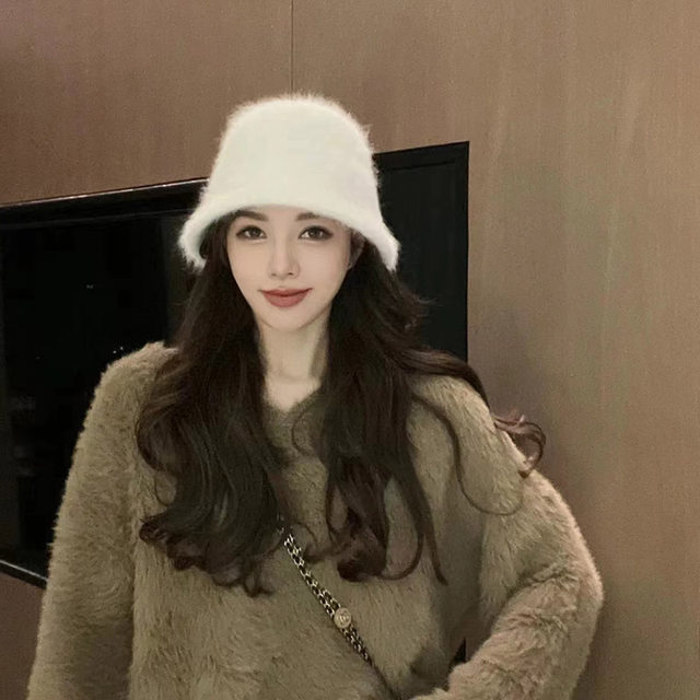 Japanese Internet celebrity rabbit hair fisherman hat for women in autumn and winter to keep ...