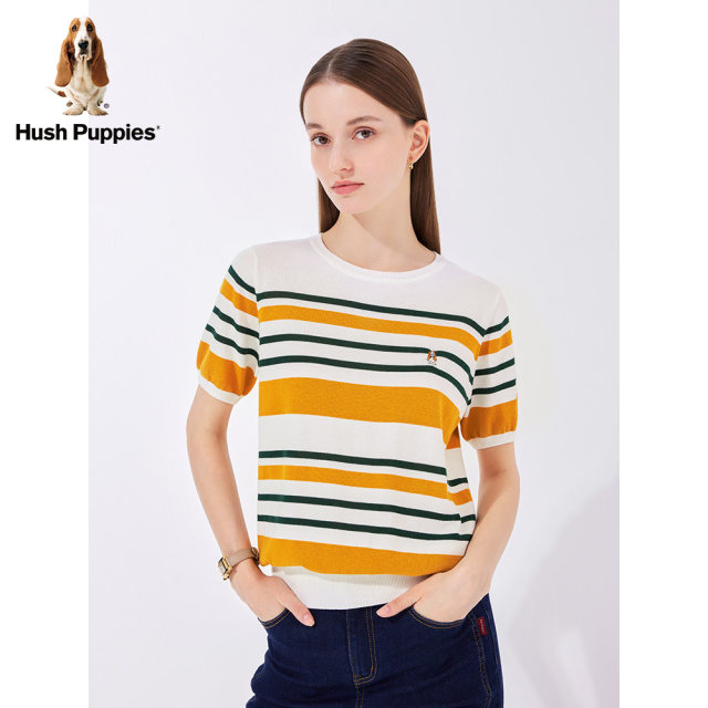 Hush Puppies Women's Top Summer Retro Contrast Stripe Knit Loose Short ...
