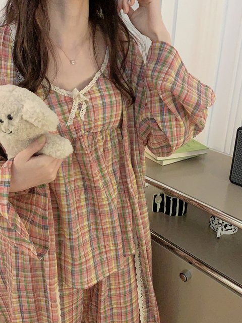 The Korean version of INS grid with chest pad pajamas Female spring and ...