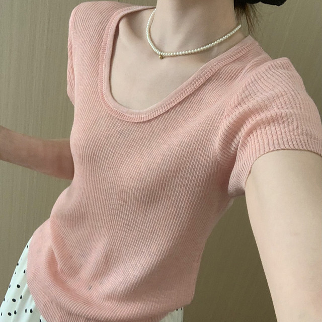 Simple style U-neck ice numb short-sleeved 2025 spring new Korean ...