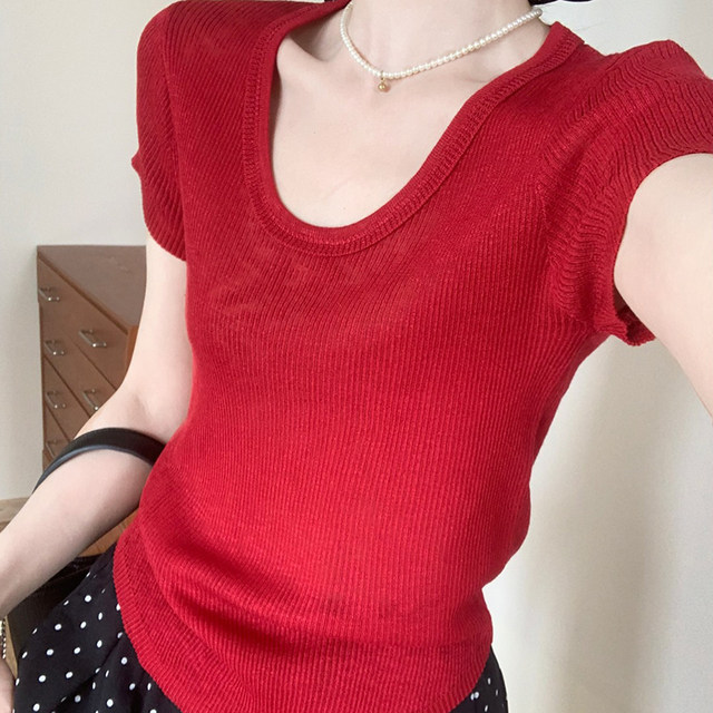 Simple style U-neck ice numb short-sleeved 2025 spring new Korean ...