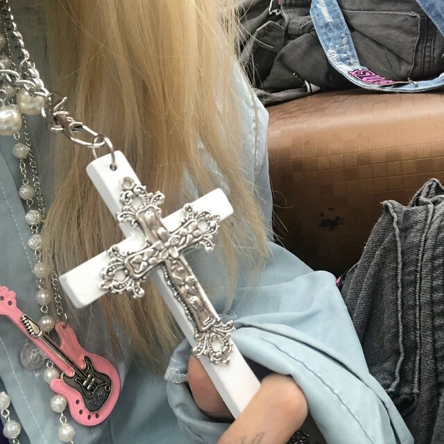 yk2 homemade gothic pink cross necklace ins necklace is domineering and ...