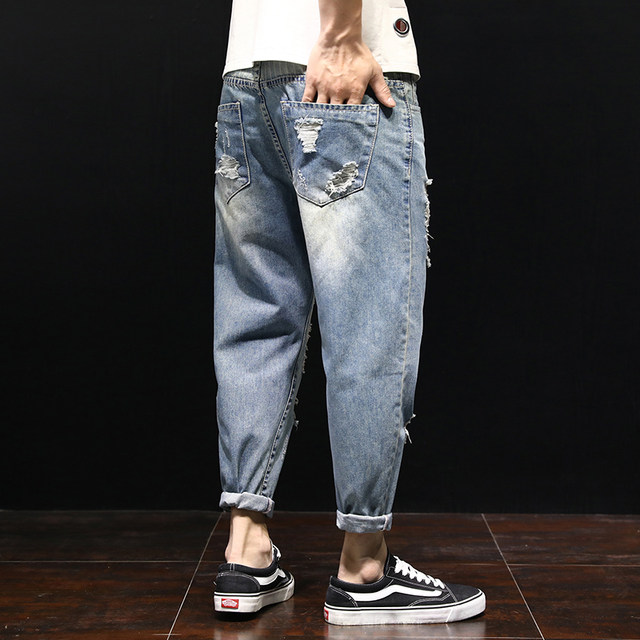 Summer thin ripped nine-point jeans men's large size ragged holes ...