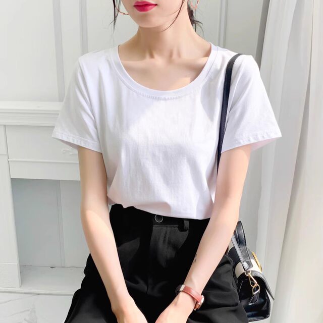 Pure cotton white big round neck short-sleeved T-shirt for women 2025 ...