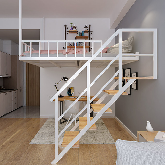 Small apartment loft bed suspension duplex second -floor bed iron elevated bed double bed ...