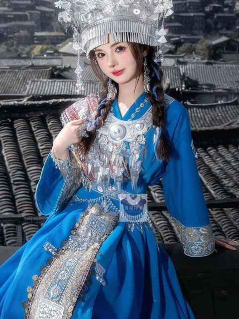 Blue Miao costume female Miao Xinjiang girl Tujia Miao village ethnic ...