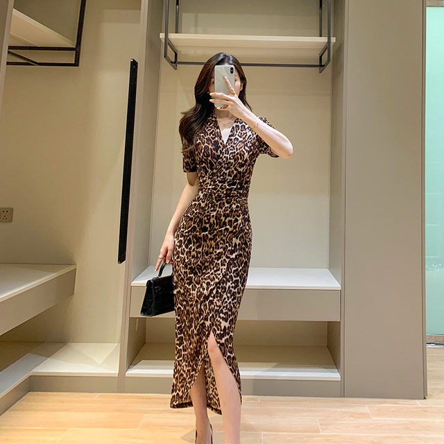 Leopard -top dress Female summer new foreign style sexy body V -neck ...